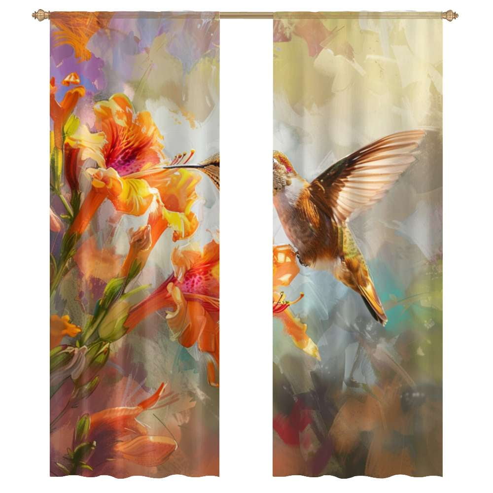 Colorful Hummingbird And Flowers Modern Tulle Window Curtains for ...