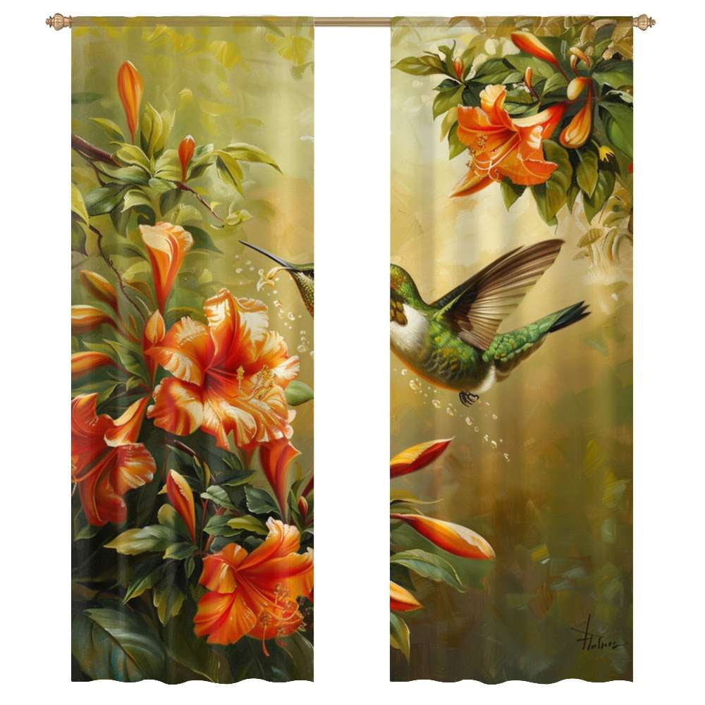 Colorful Hummingbird And Flowers Modern Tulle Window Curtains for ...