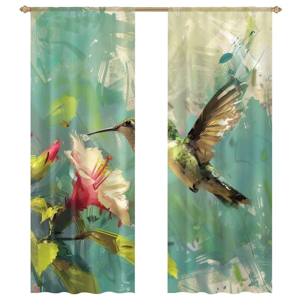 Colorful Hummingbird And Flowers Modern Tulle Window Curtains for ...