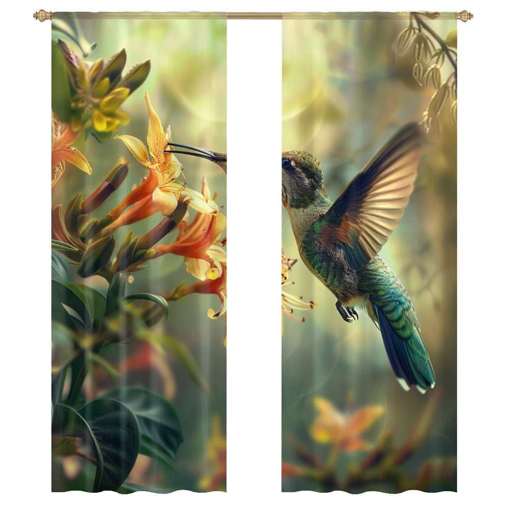Colorful Hummingbird And Flowers Sheer Voile Curtain Window Tulle ...