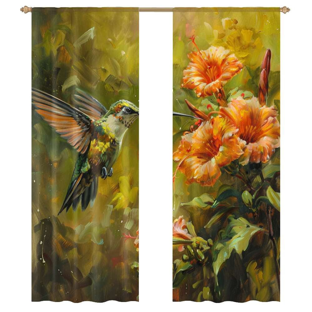 Colorful Hummingbird And Flowers Sheer Voile Curtain Window Tulle ...