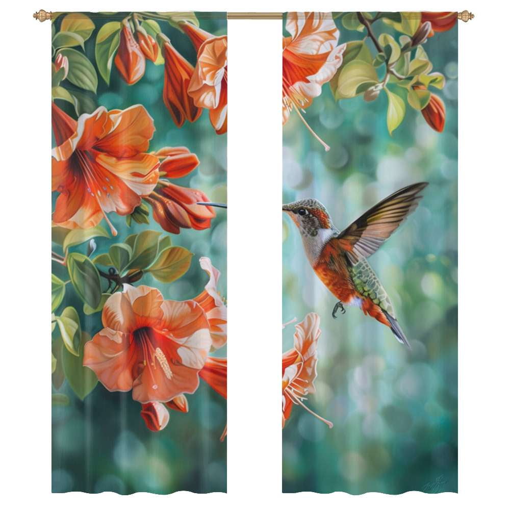 Colorful Hummingbird And Flowers Sheer Window Curtains for Living Room ...