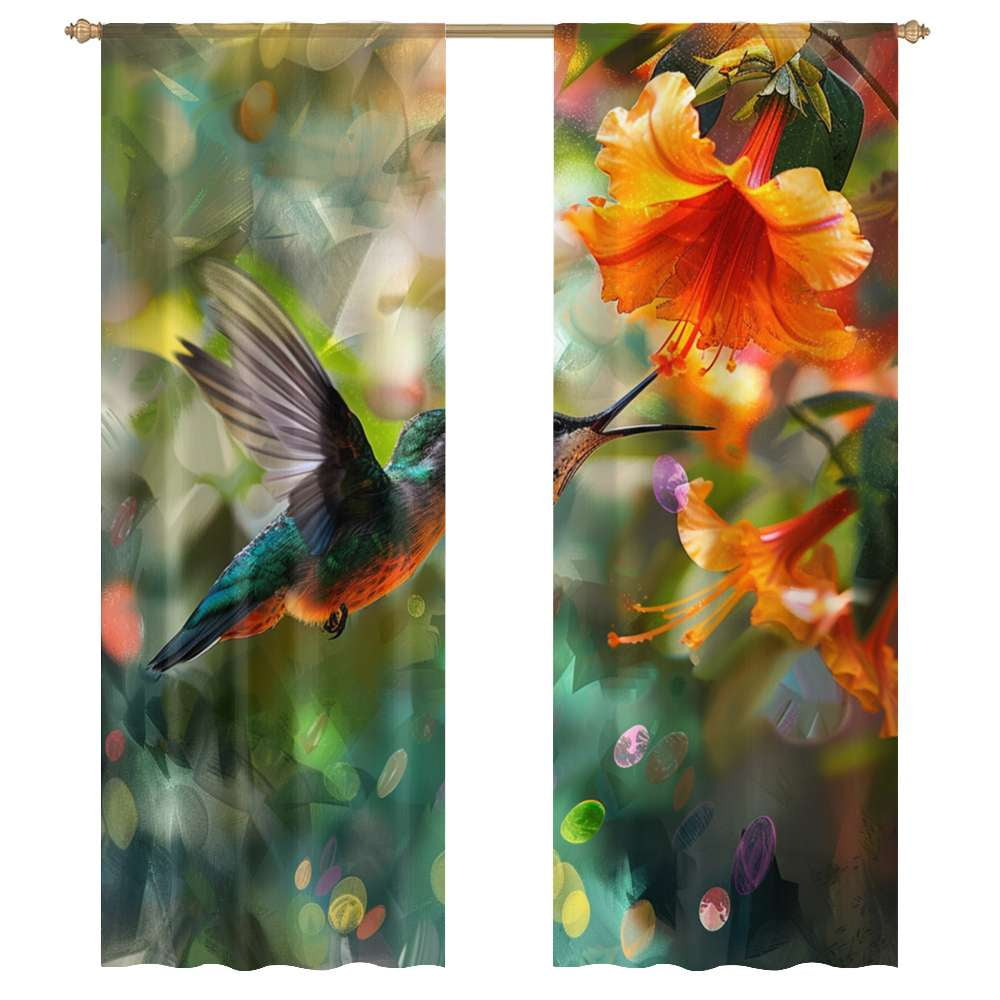 Colorful Hummingbird And Flowers Sheer Window Curtains for Living Room ...