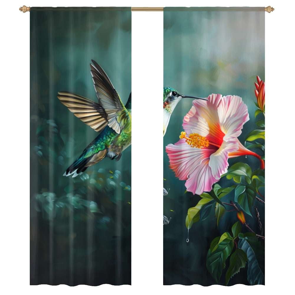 Colorful Hummingbird And Flowers Sheer Window Curtains for Living Room ...