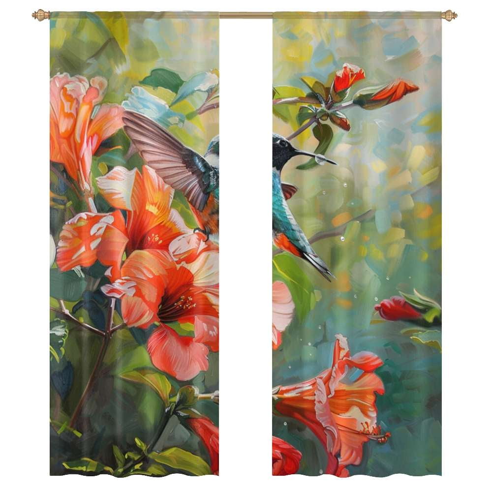 Colorful Hummingbird And Flowers Sheer Window Curtains for Living Room ...