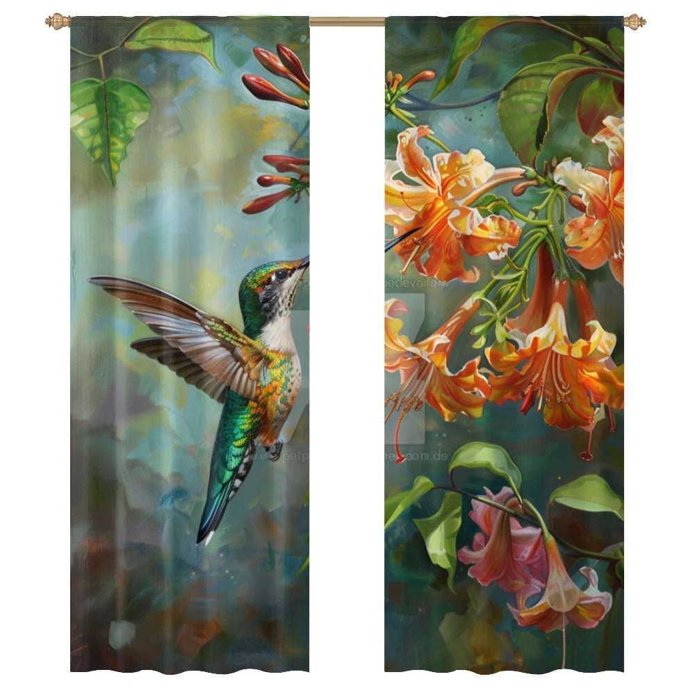 Colorful Hummingbird And Flowers Sheer Window Curtains for Living Room ...