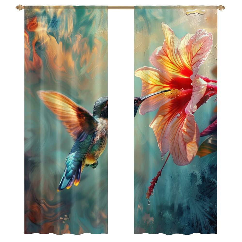 Colorful Hummingbird And Flowers Sheer Window Curtains for Living Room ...