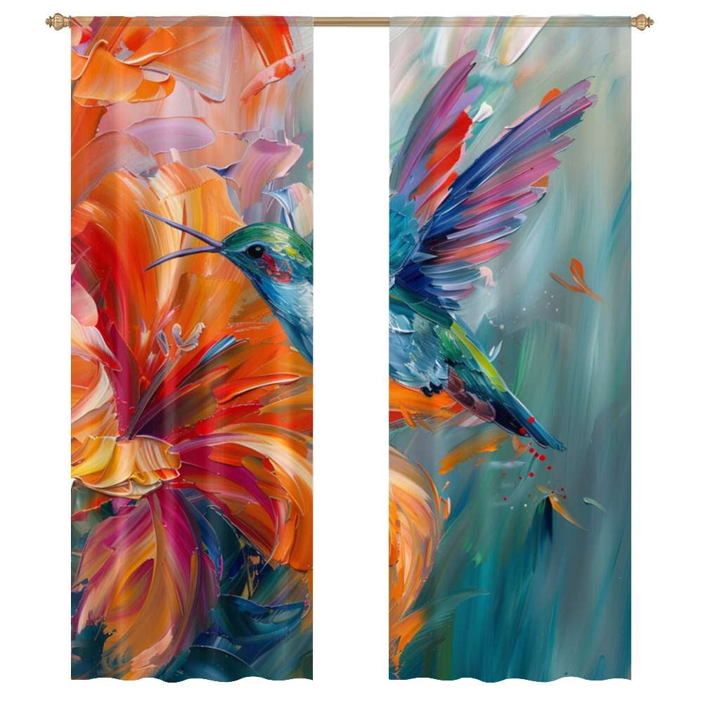 Colorful Hummingbird And Flowers Sheer Window Curtains for Living Room ...