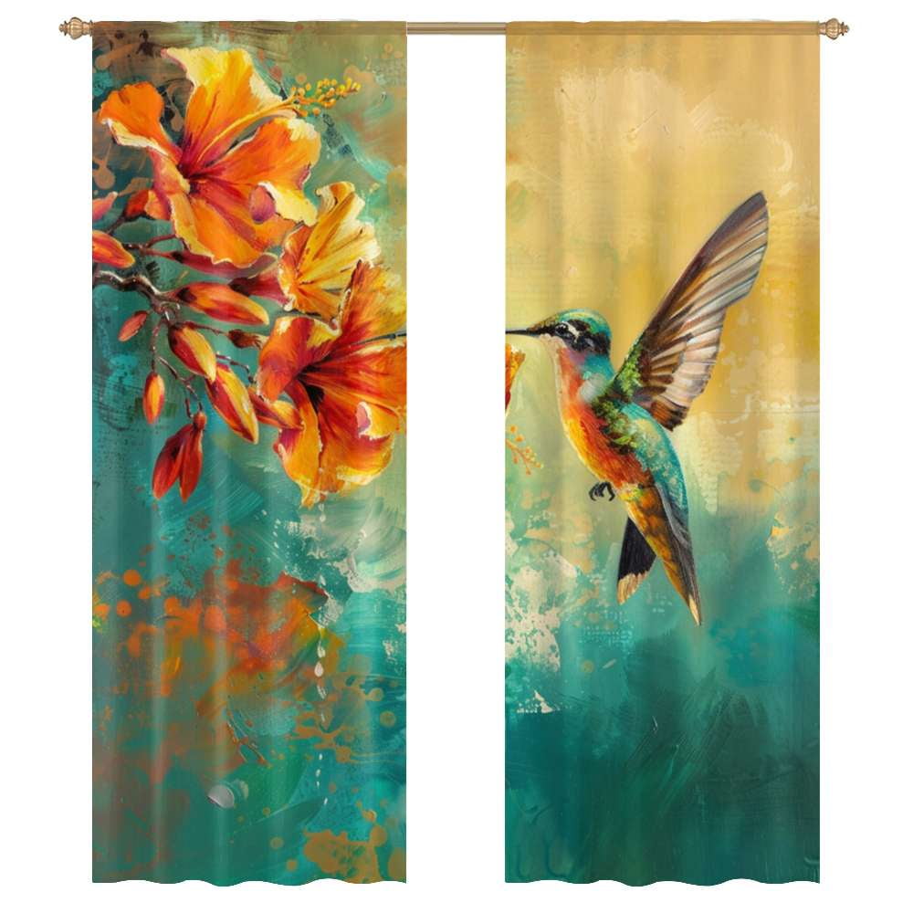 Colorful Hummingbird And Flowers Sheer Window Curtains for Living Room ...