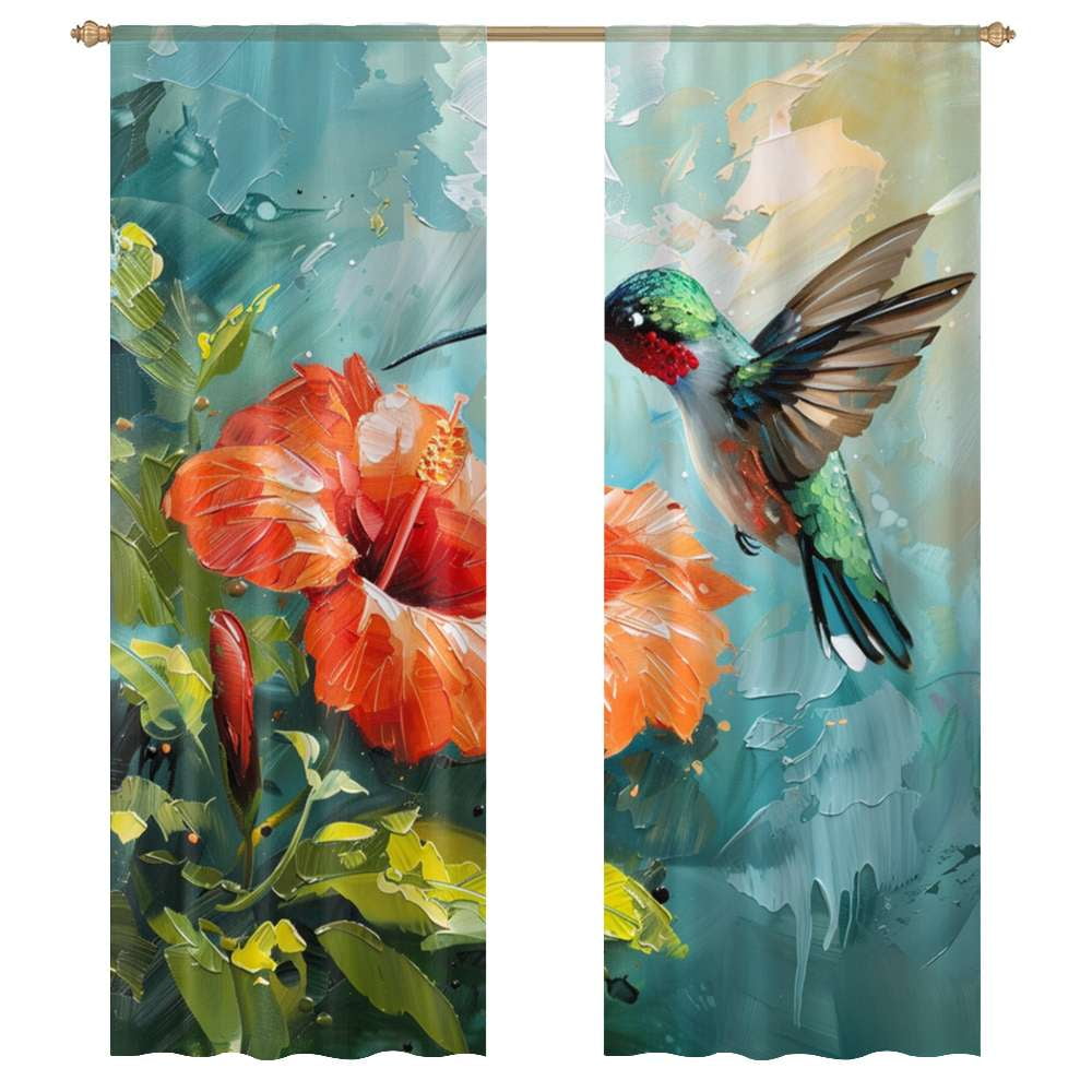 Colorful Hummingbird And Flowers Sheer Window Curtains for Living Room ...