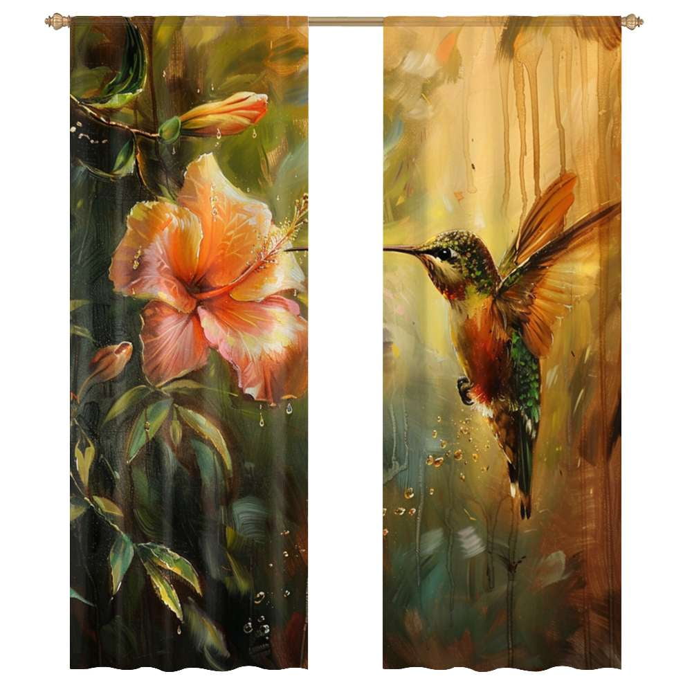 Colorful Hummingbird And Flowers Sheer Window Curtains for Living Room ...