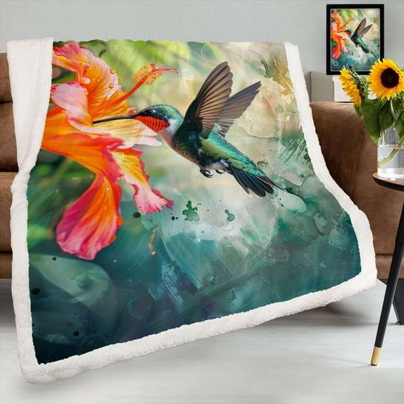 Colorful Hummingbird And Flowers Sherpa Blanket Throw Blanket For Bed ...