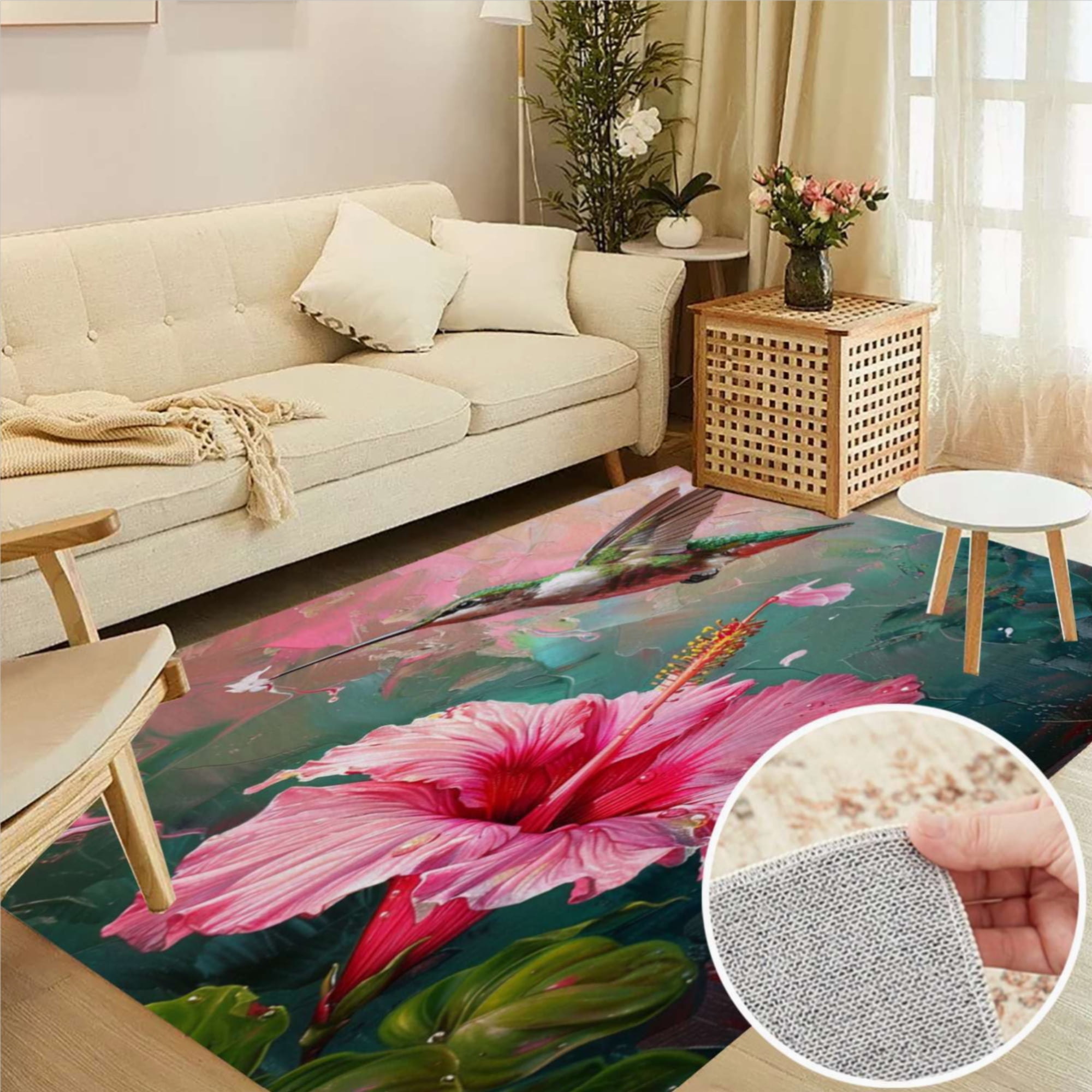 Colorful Hummingbird And Flowers Soft Large Area Rugs Washable Rug With ...