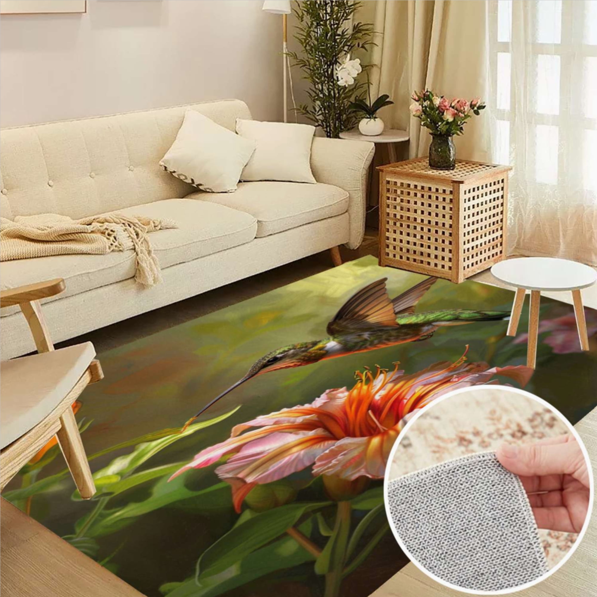 Colorful Hummingbird And Flowers Soft Large Area Rugs Washable Rug With ...