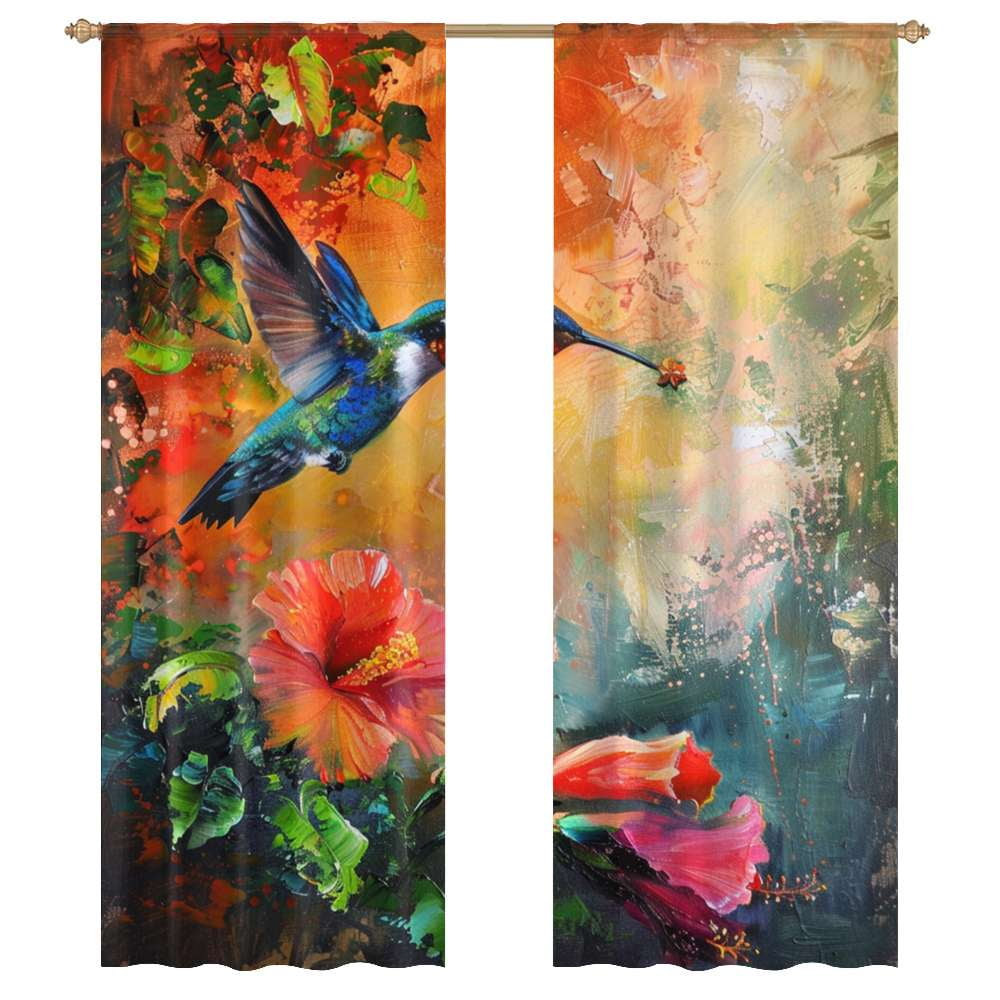 Colorful Hummingbird And Flowers Tulle Curtains For Living Room Chiffon ...