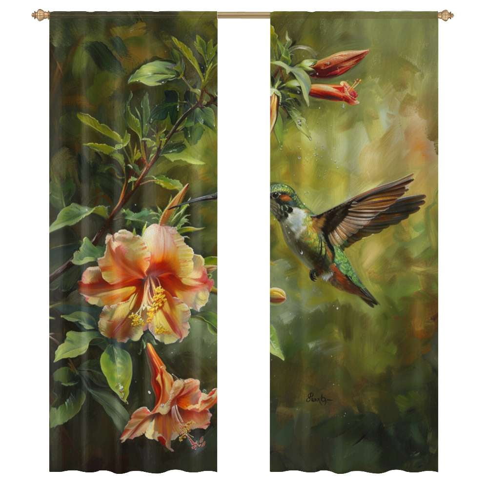 Colorful Hummingbird And Flowers Tulle Curtains For Living Room Chiffon ...