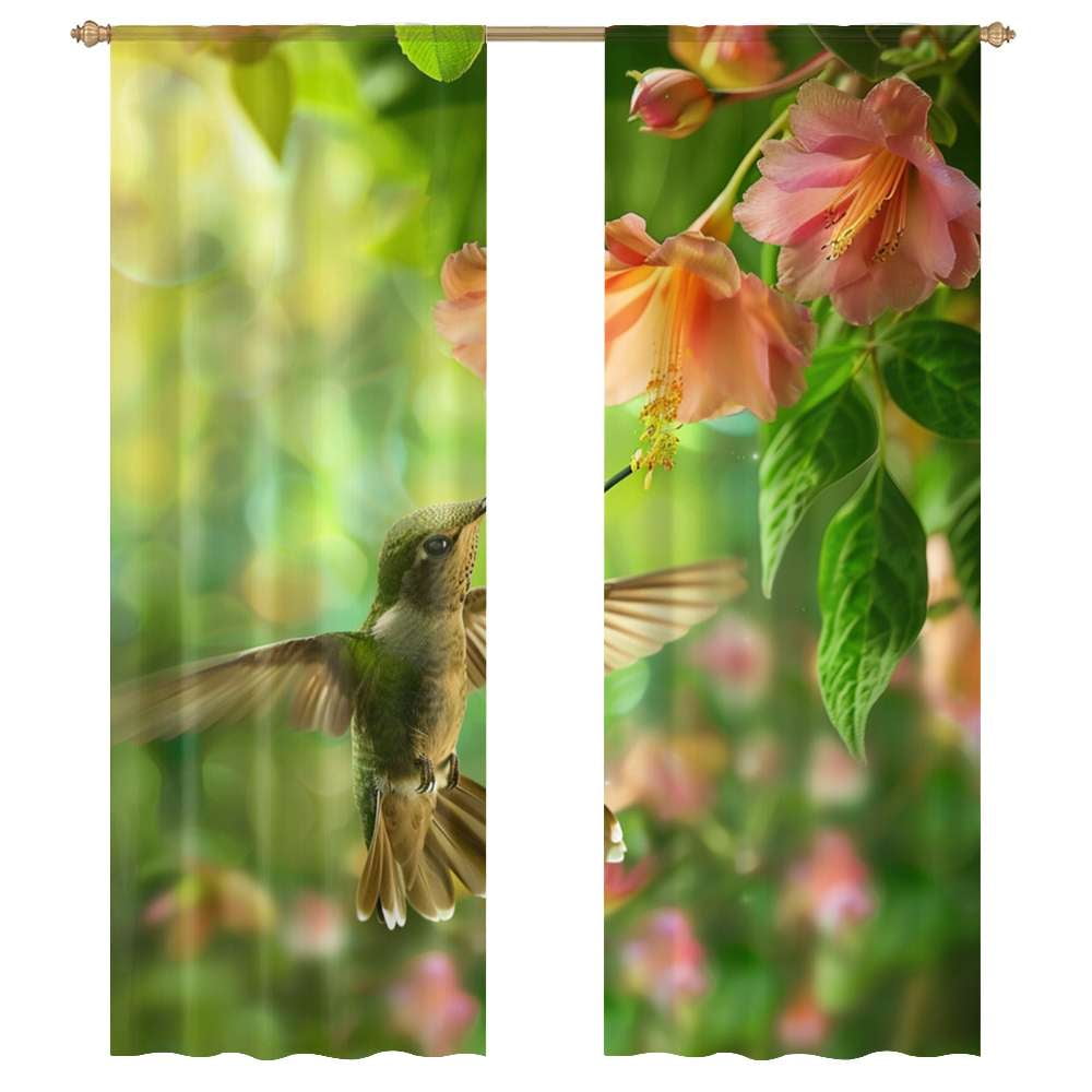Colorful Hummingbird And Flowers Tulle Curtains For Living Room Chiffon ...
