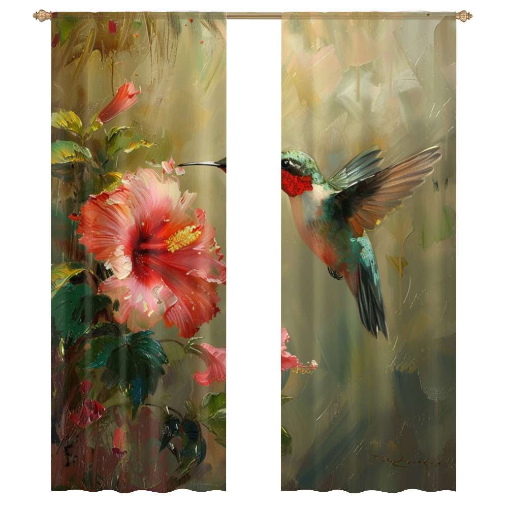 Colorful Hummingbird And Flowers Tulle Curtains For Living Room Chiffon ...