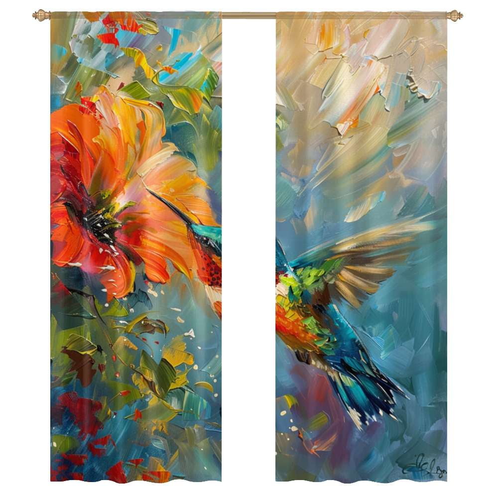 Colorful Hummingbird And Flowers Tulle Curtains For Living Room Chiffon ...