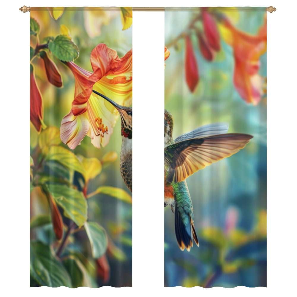 Colorful Hummingbird And Flowers Tulle Curtains For Living Room Chiffon ...