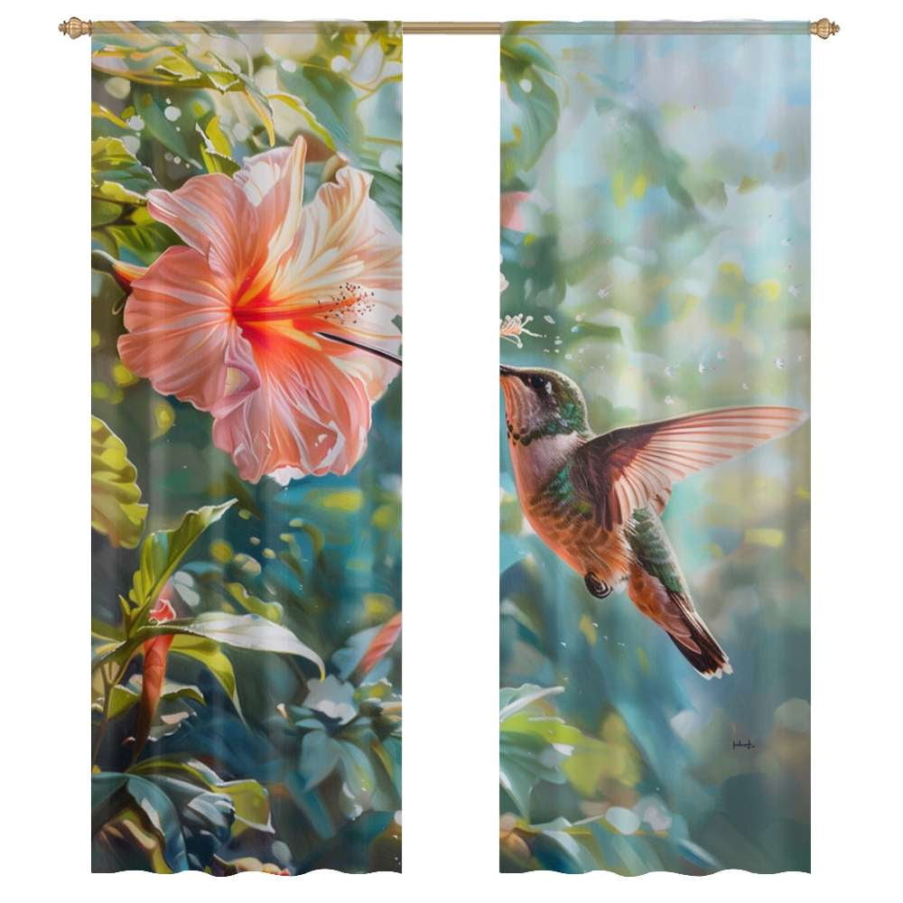 Colorful Hummingbird And Flowers Tulle Curtains For Living Room Chiffon ...