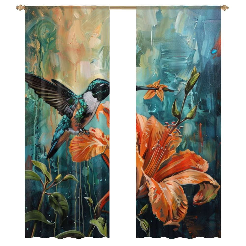 Colorful Hummingbird And Flowers Tulle Curtains For Living Room Chiffon ...