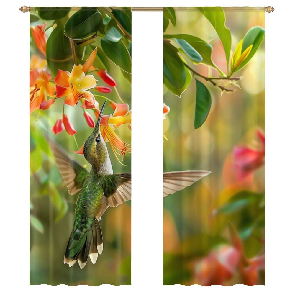 Colorful Hummingbird And Flowers Tulle Curtains For Living Room Chiffon ...