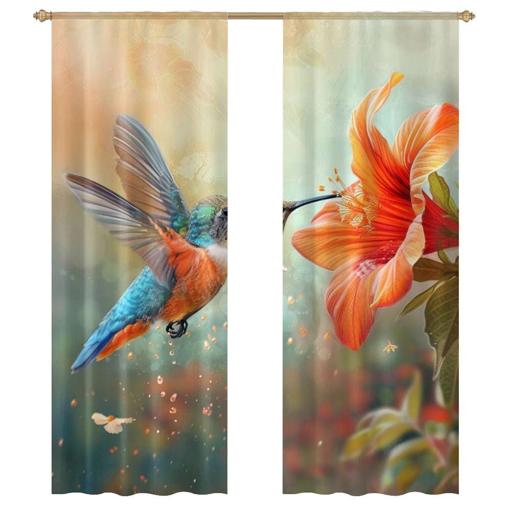 Colorful Hummingbird And Flowers Tulle Curtains For Living Room Chiffon ...