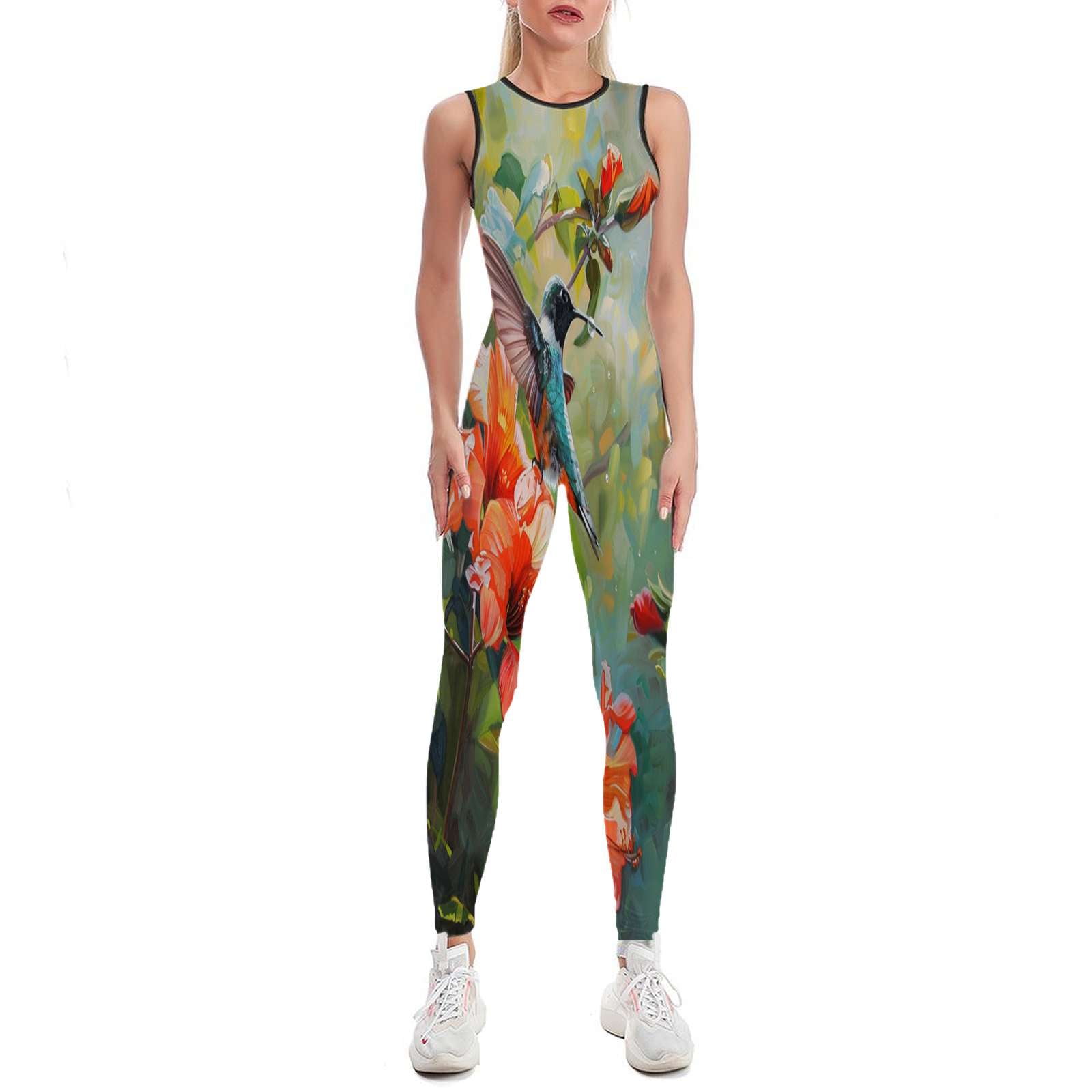 Colorful Hummingbird And Flowers Women's One Piece Yoga Jumpsuits ...