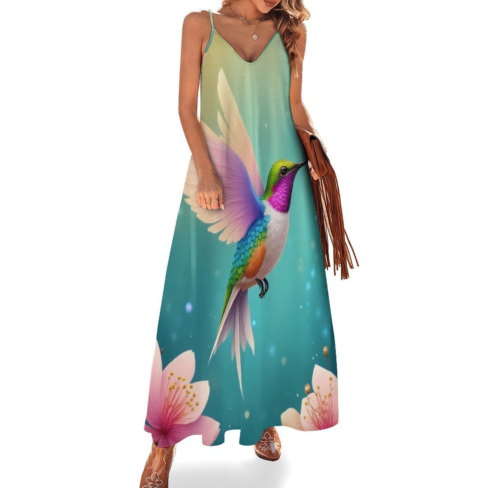 Colorful Hummingbird Floral Fantasy-1 Sleeveless Dress for Women ...