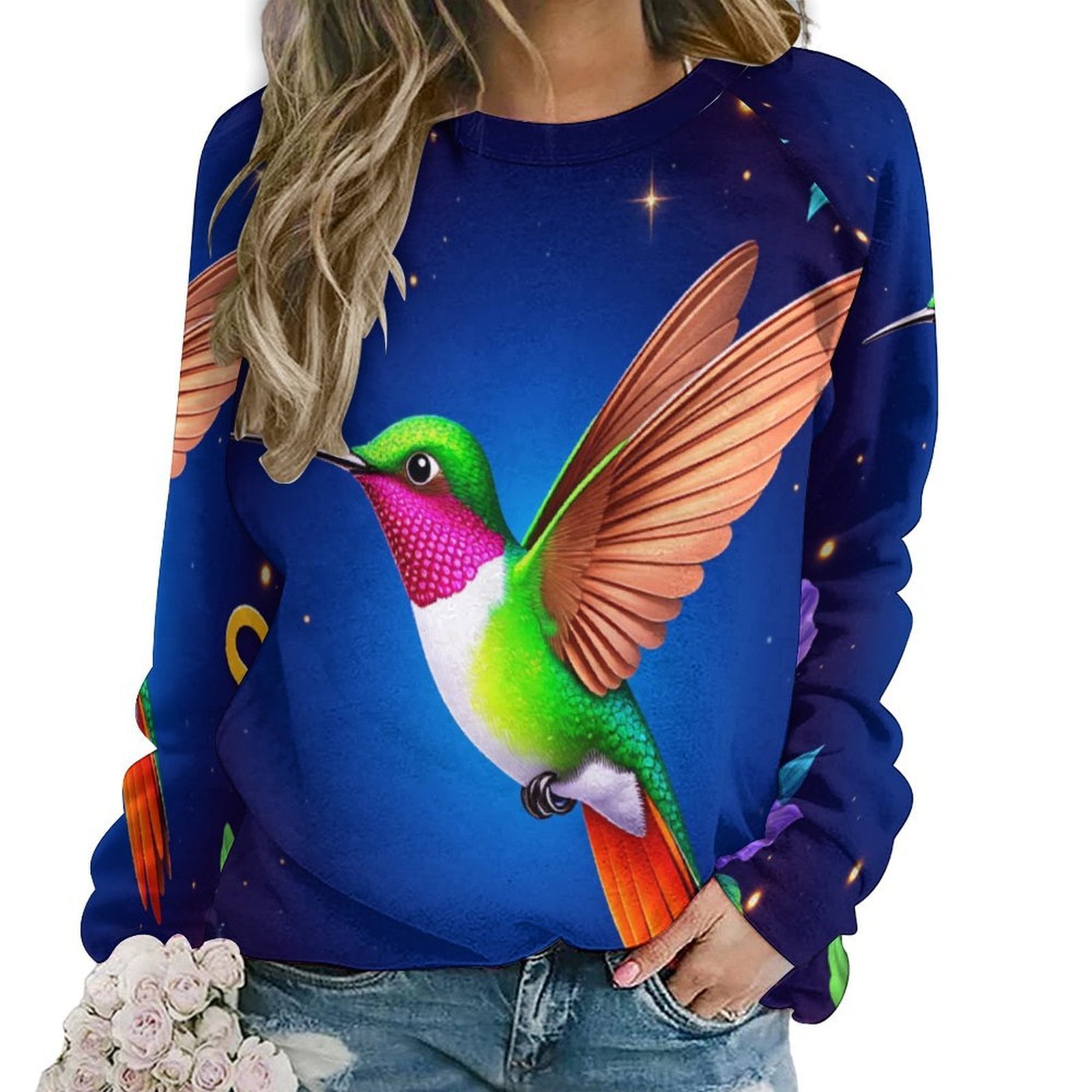 Colorful Hummingbird Floral Fantasy Women Casual Long Sleeve Hoodie ...