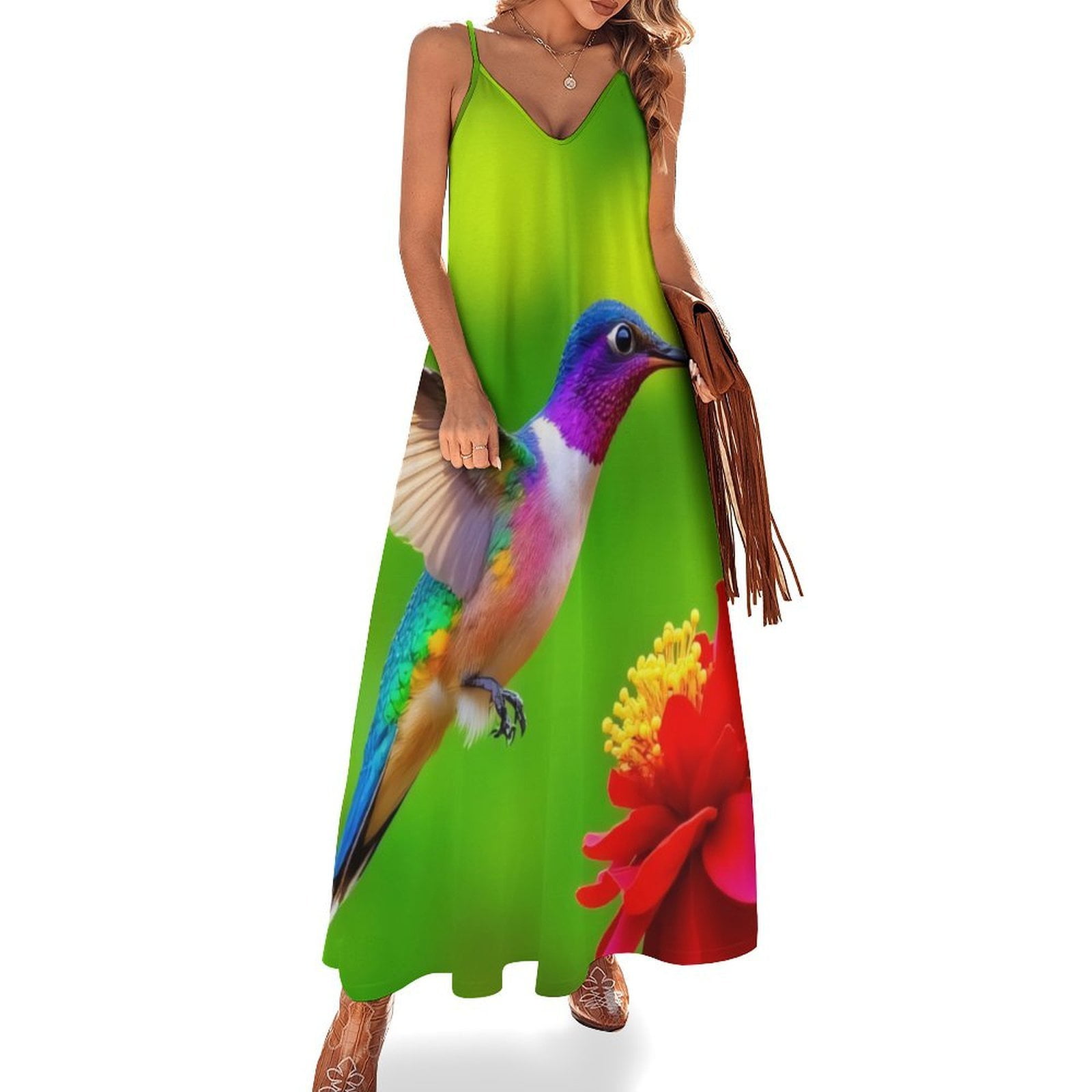 Colorful Hummingbird Floral Print Sleeveless Dress Woman Fashion Long ...