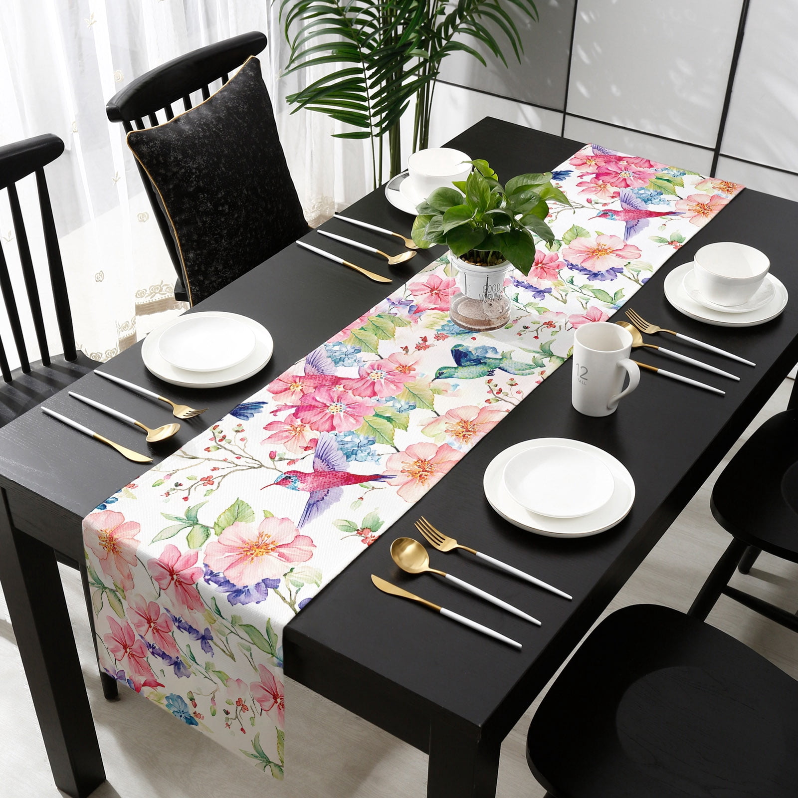 Colorful Hummingbird Table Runner 72 Inches Long - Spring Pink Flowers ...