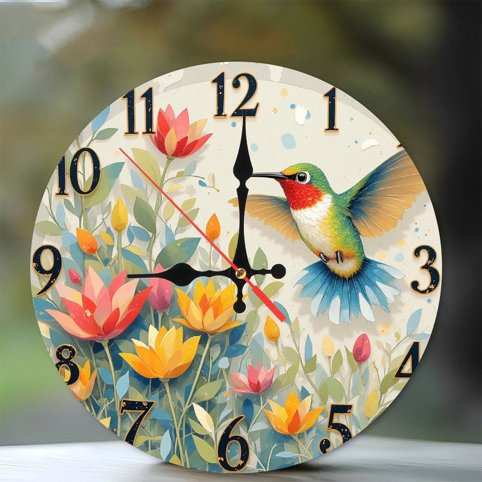 Colorful Hummingbird Wall Clock with Floral Design 10-Inch Silent ...