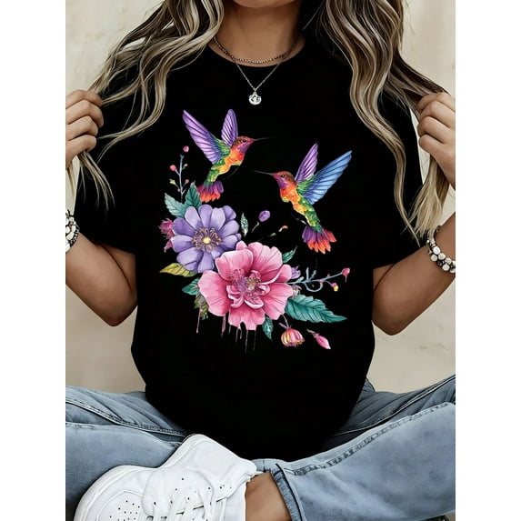 Colorful Hummingbird and Floral Watercolor Graphic Tee Vibrant Birds ...