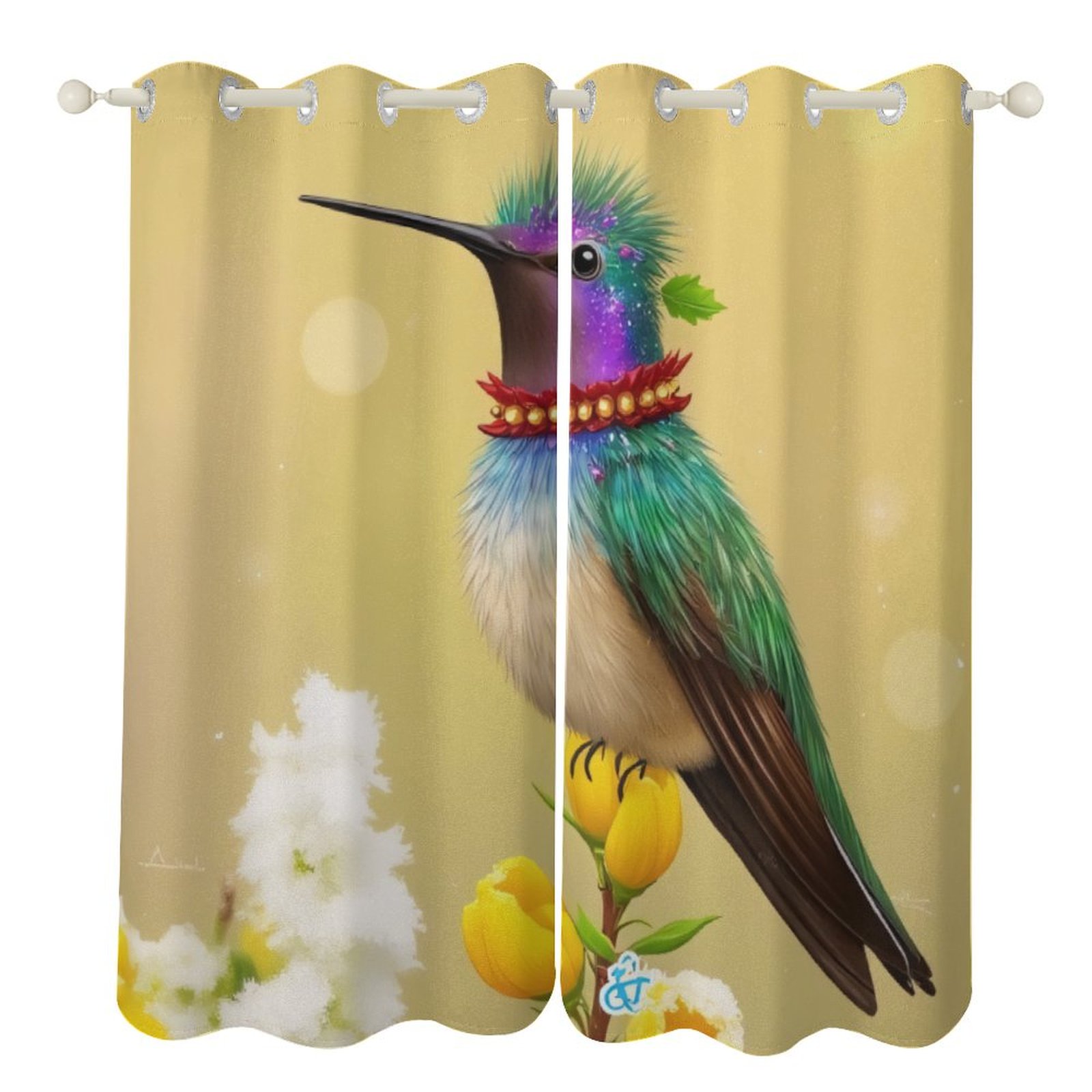 Colorful Hummingbird on Flowers 2 Panels 3D Printing Pattern Curtain ...