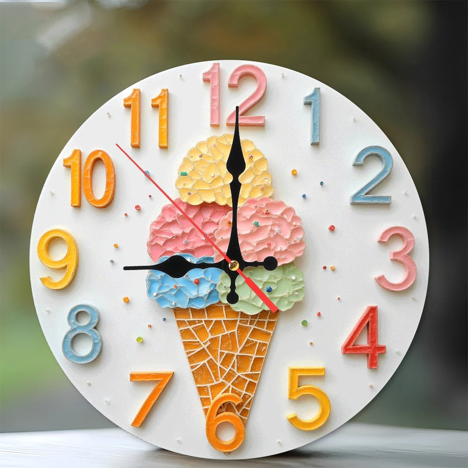 Colorful Ice Cream Cone Wall Clock Decor 10-Inch Silent Wooden Wall ...
