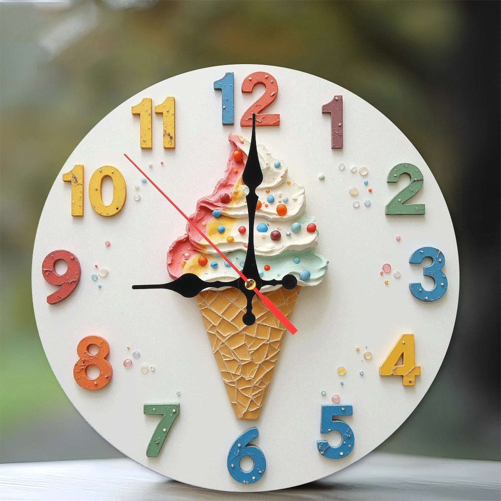 Colorful Ice Cream Cone Wall Clock Decor 10-Inch Silent Wooden Wall ...