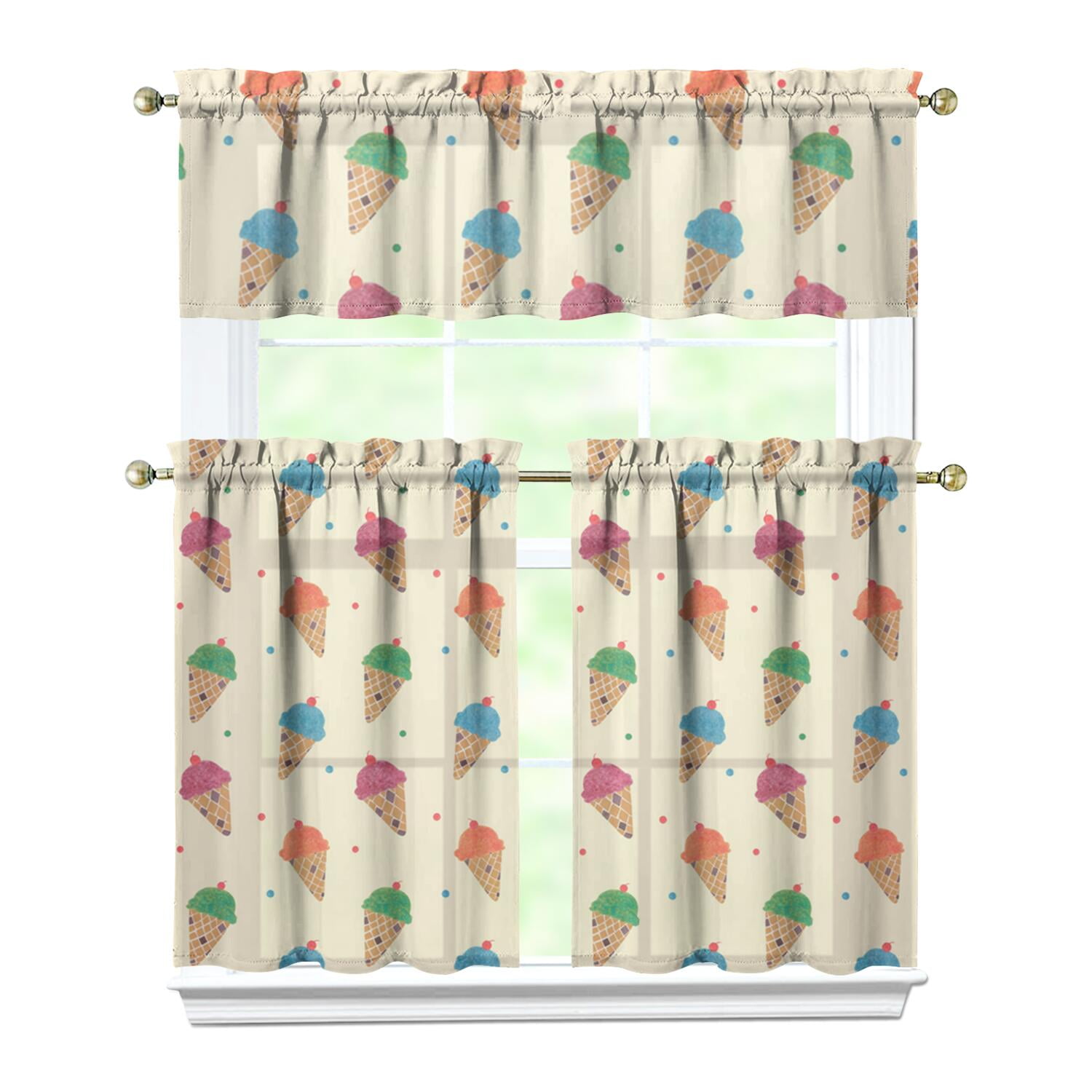 Colorful Ice Cream Dessert Kitchen Curtains Set Tier and Valance, Sweet ...