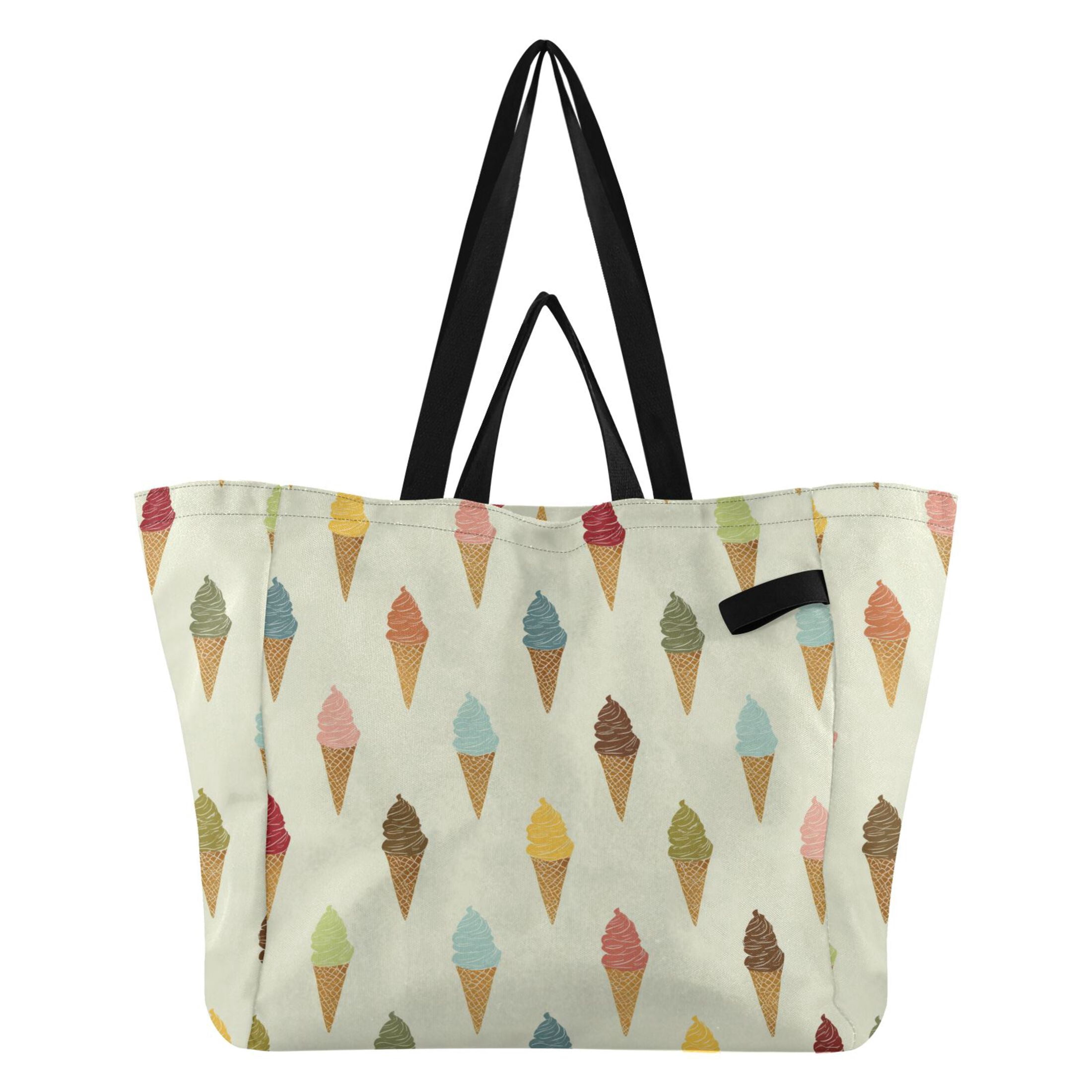 Colorful Ice Cream Pattern on Beige Background Foldable Canvas Tote ...