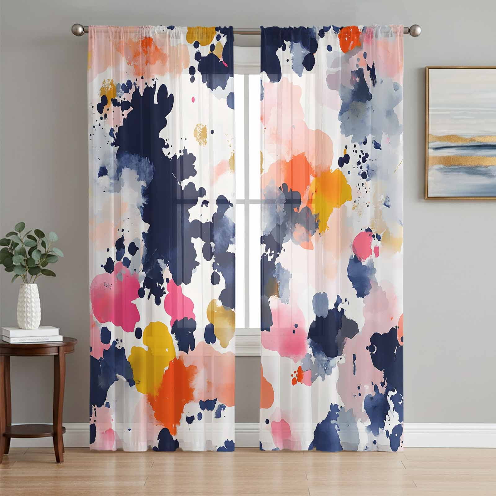 Colorful Ink Splash Sheer Curtains 63 Inch Length 2 Panels Set, Modern ...