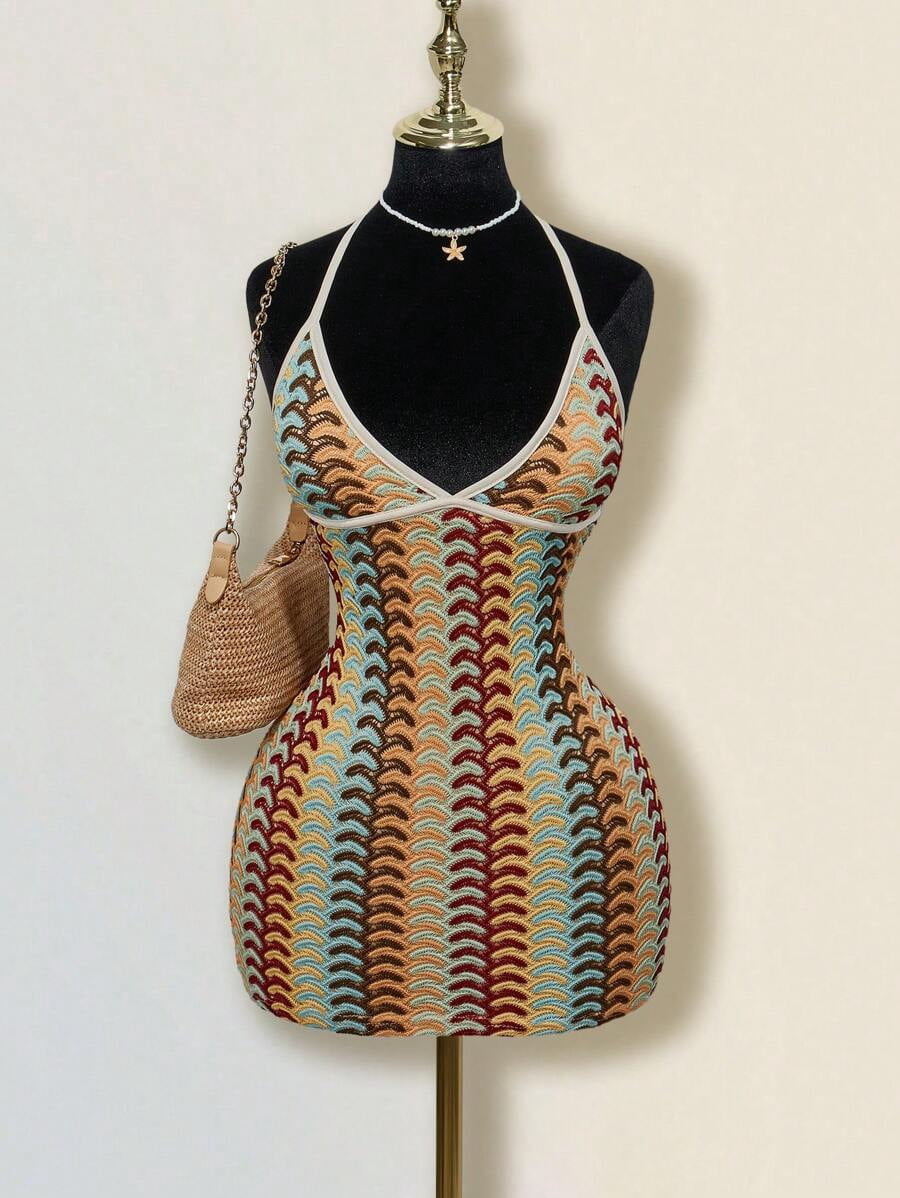 Colorful Jacquard Knitted Contrast Ribbed Edge Halter Backless Deep V ...