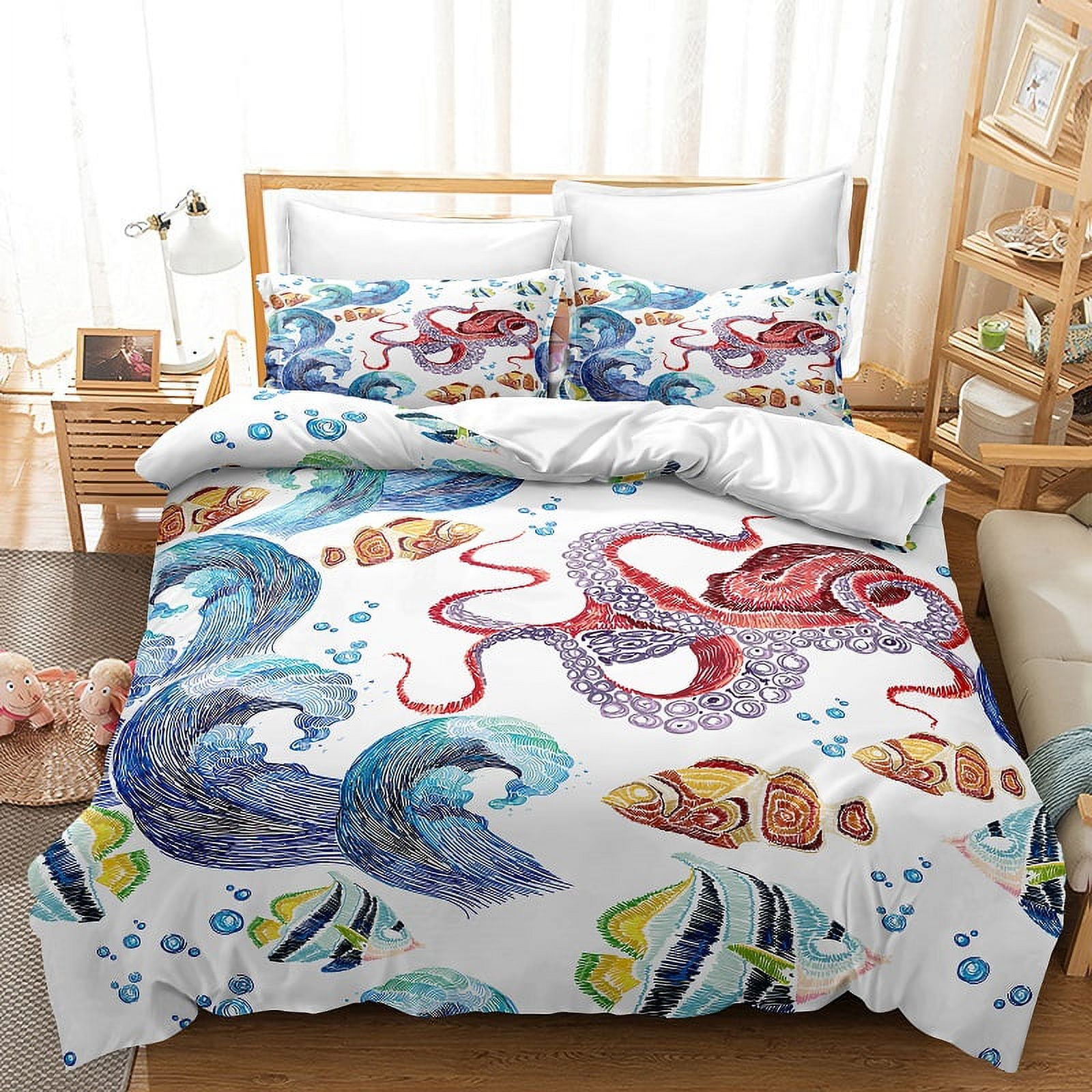 Colorful Jellyfish Decor Duvet Cover Set Queen Ocean Bedding Sets Underwater Animal Comforter ...
