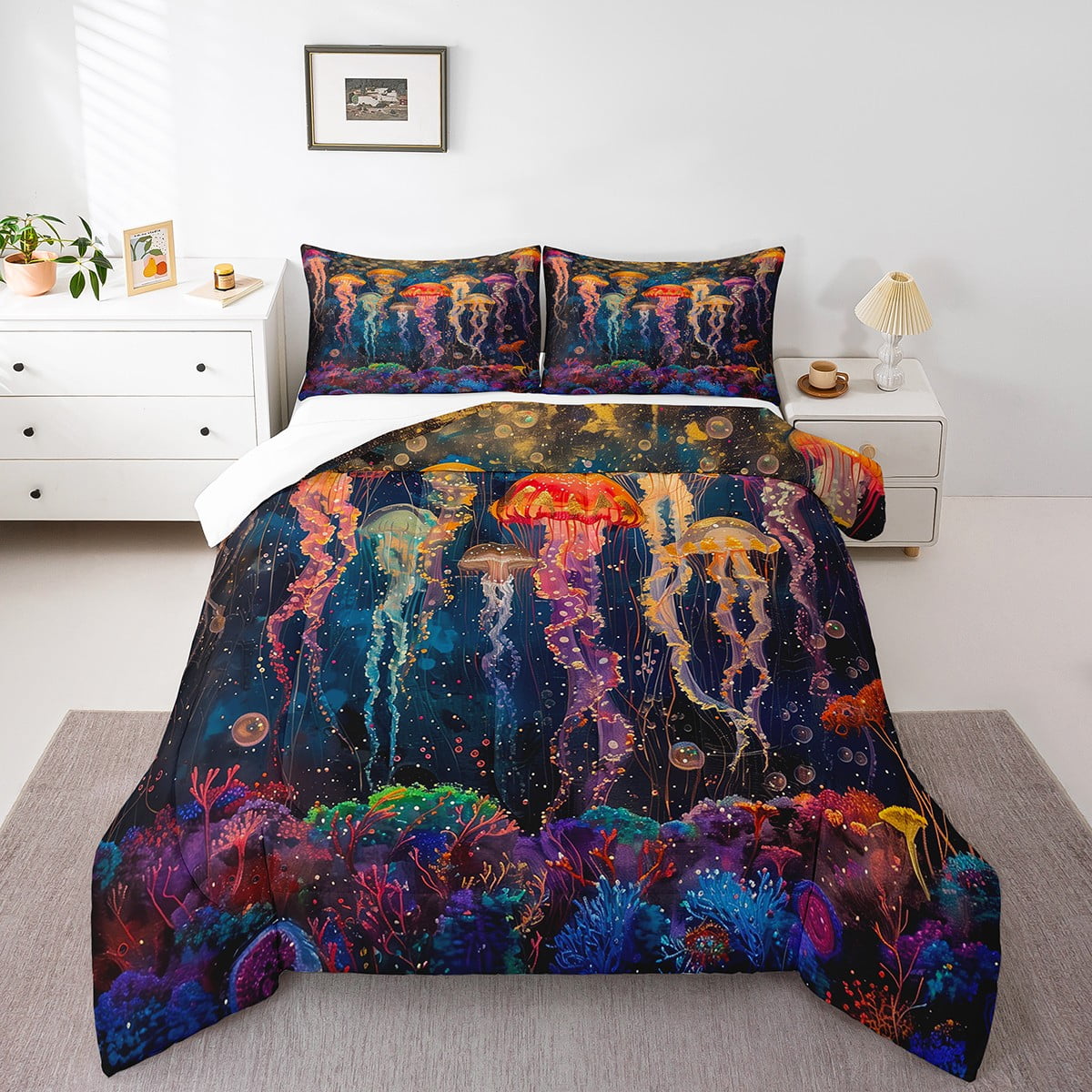 Colorful Jellyfish King Comforter Set,Sea Animal Print Rainbow ...