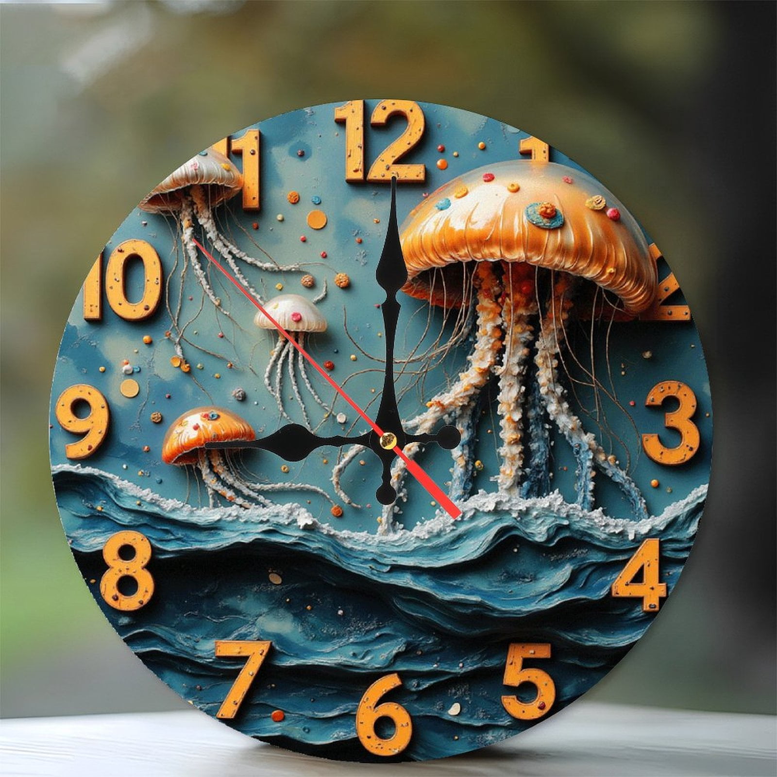 Colorful Jellyfish Ocean Wall Clock Decor 10-Inch Silent Wooden Wall ...