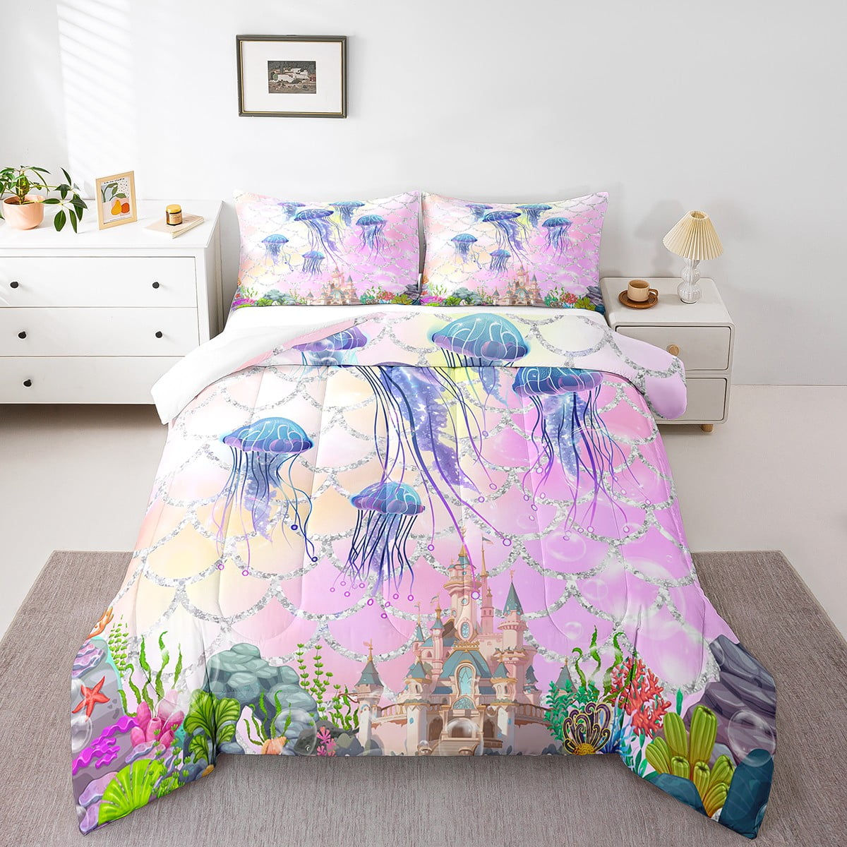 Colorful Jellyfish Queen Comforter Set,Pink Mermaid Tail Scale Kawaii ...