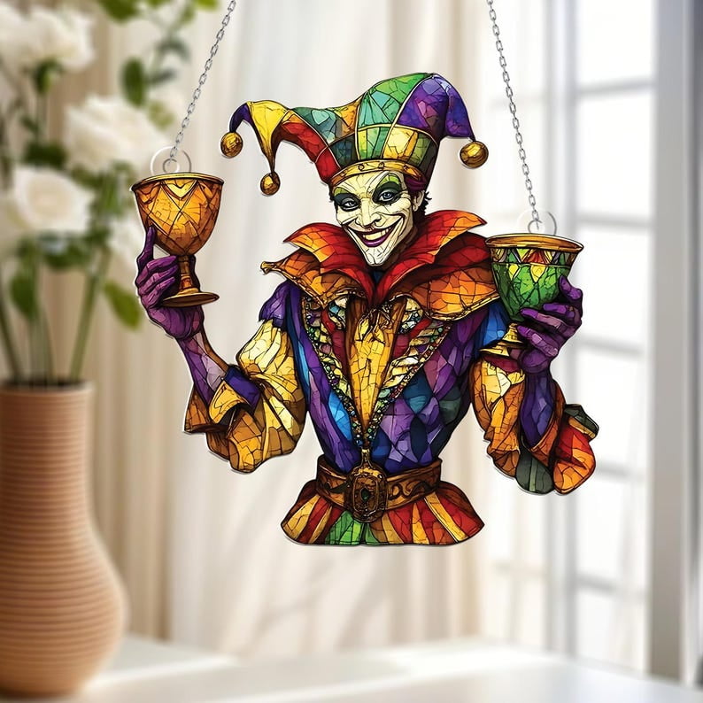 Colorful Jester Window Hanging, Harlequin Art Ornament, Unique Home ...