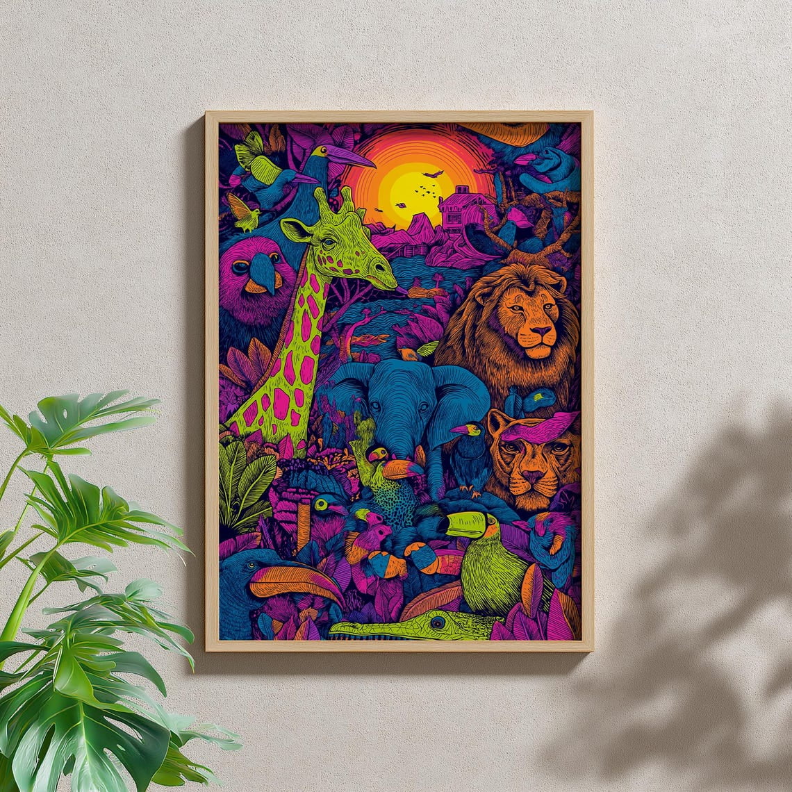 Colorful Jungle Animal Print, Psychedelic Safari Wall Art Home Decor ...