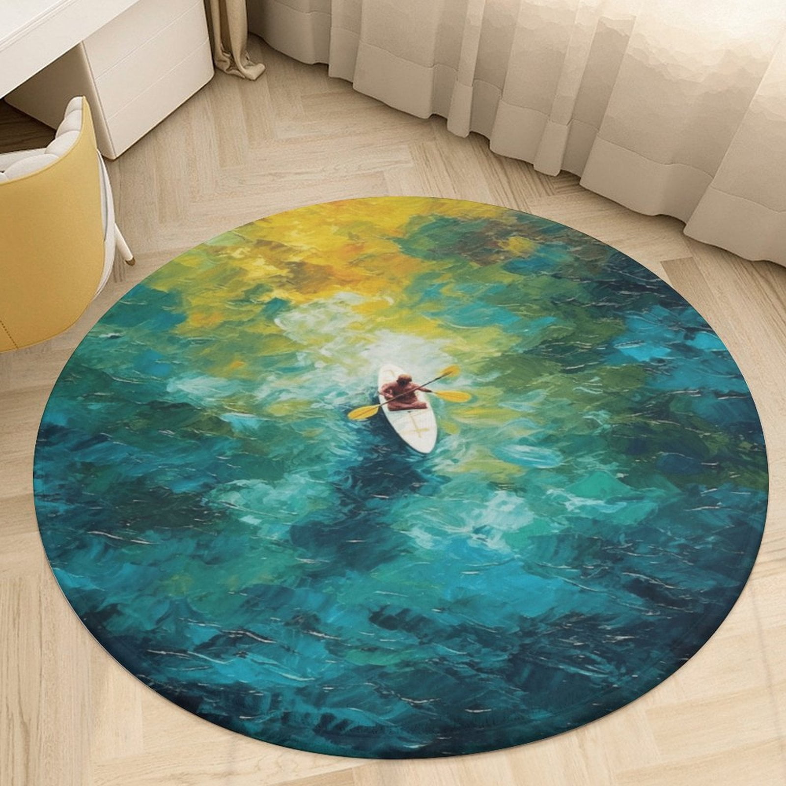 Colorful Kayaks Glide Across The Lake Round Rugs -Washable Non-Slip ...