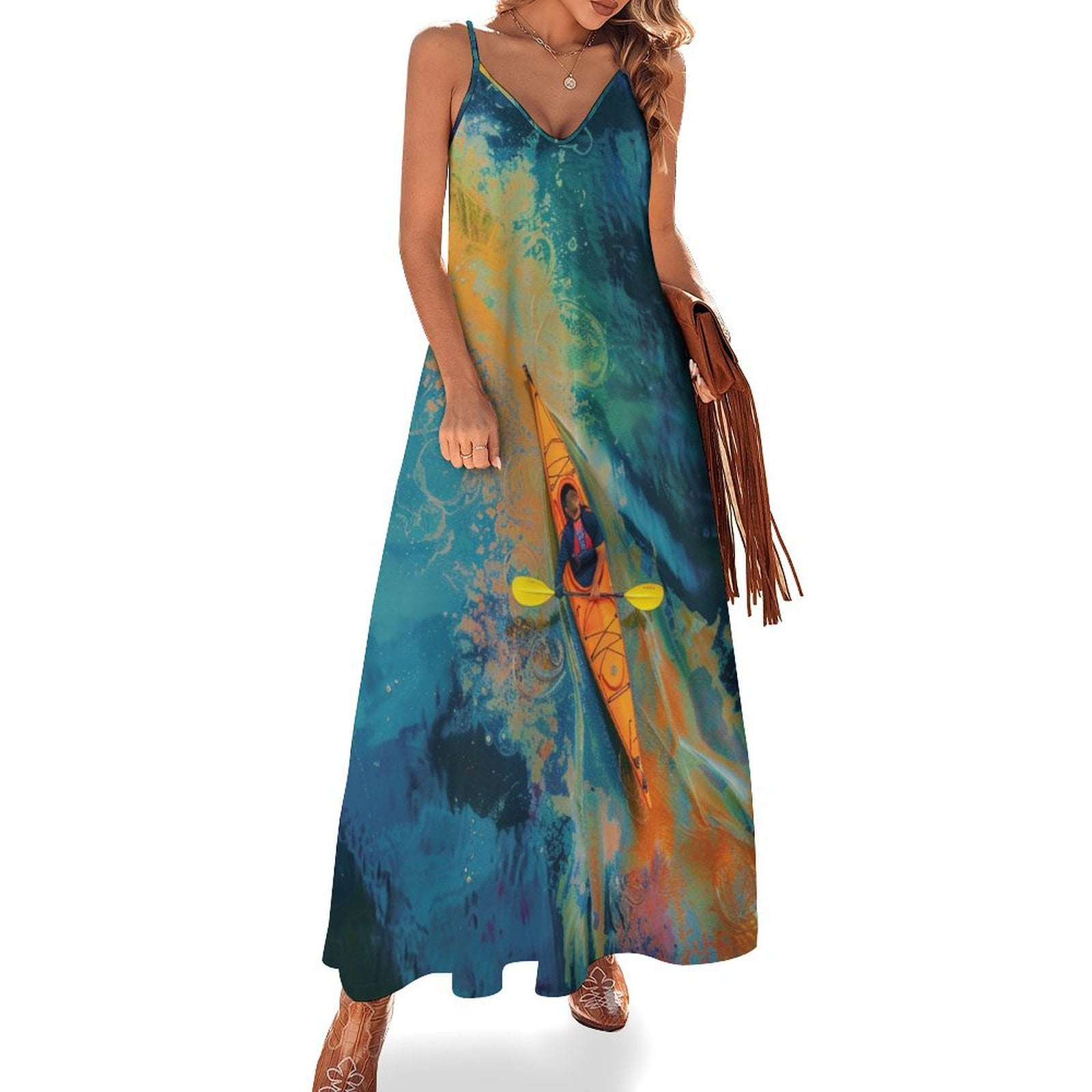 Colorful Kayaks Glide Across The Lake Fine Art Sleeveless Dress Summer ...